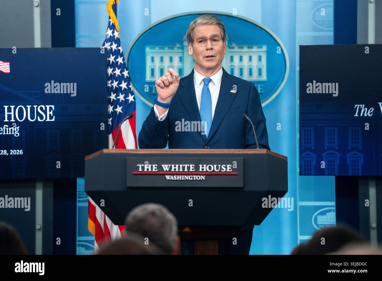 Secretary of the Treasury Scott Bessent speaks during a press briefing ...