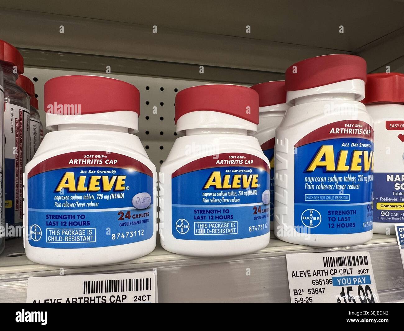 Close-up of Aleve brand pill bottles on a store shelf in Lafayette ...