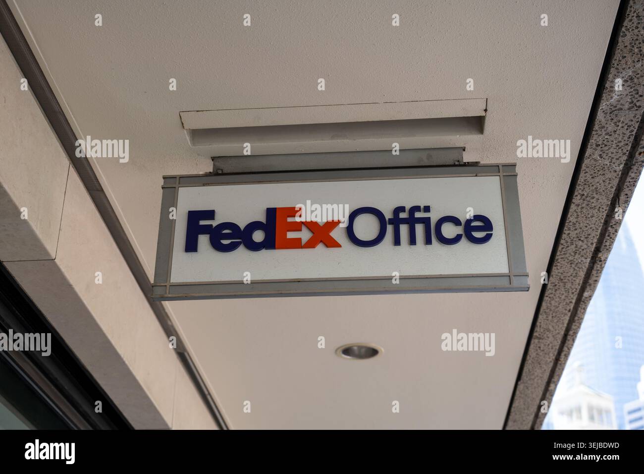 FedEx Office hanging sign on exterior of building in downtown area, San ...