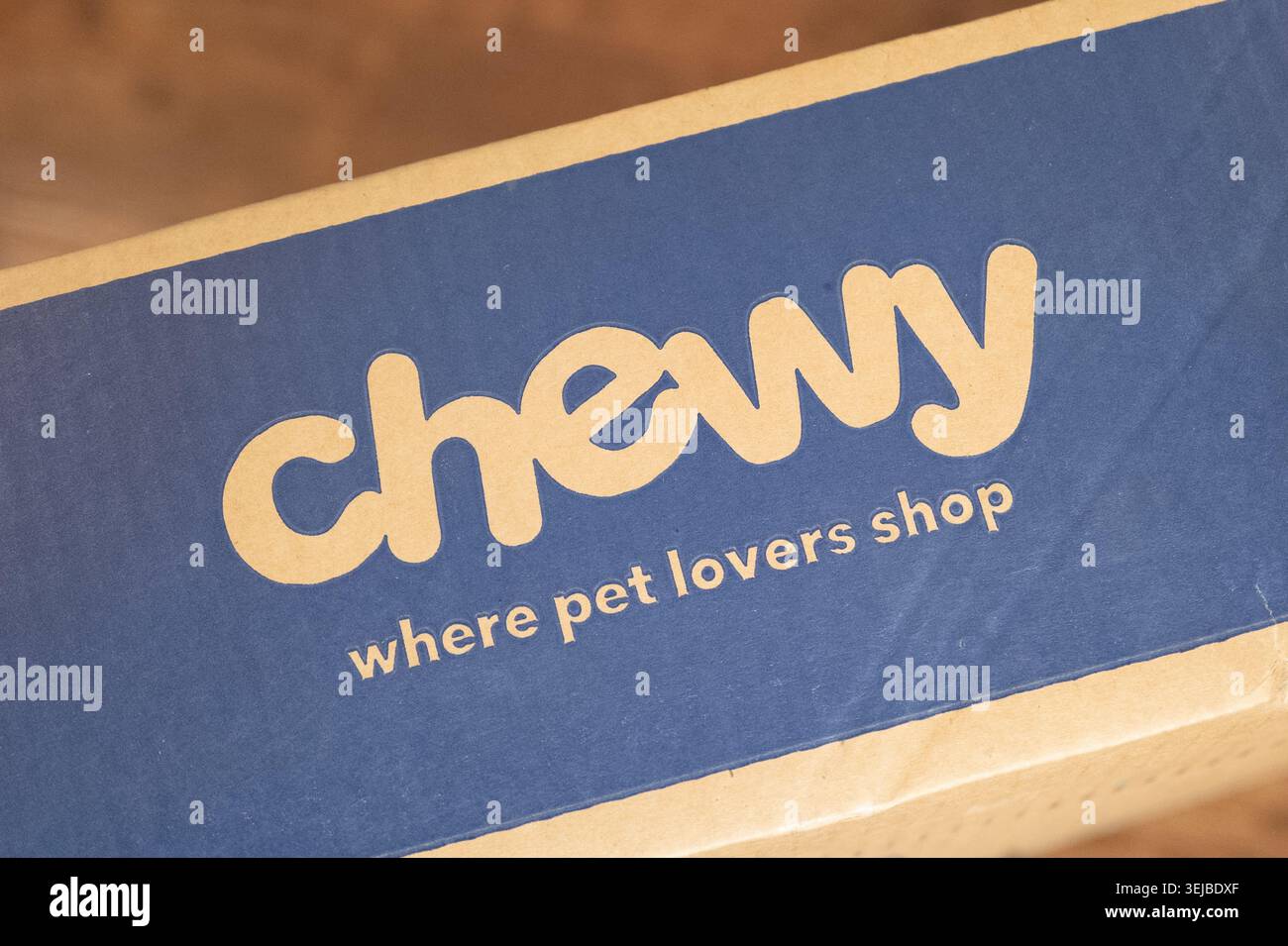 Close-up of shipping box for pet products company Chewy inside a home ...