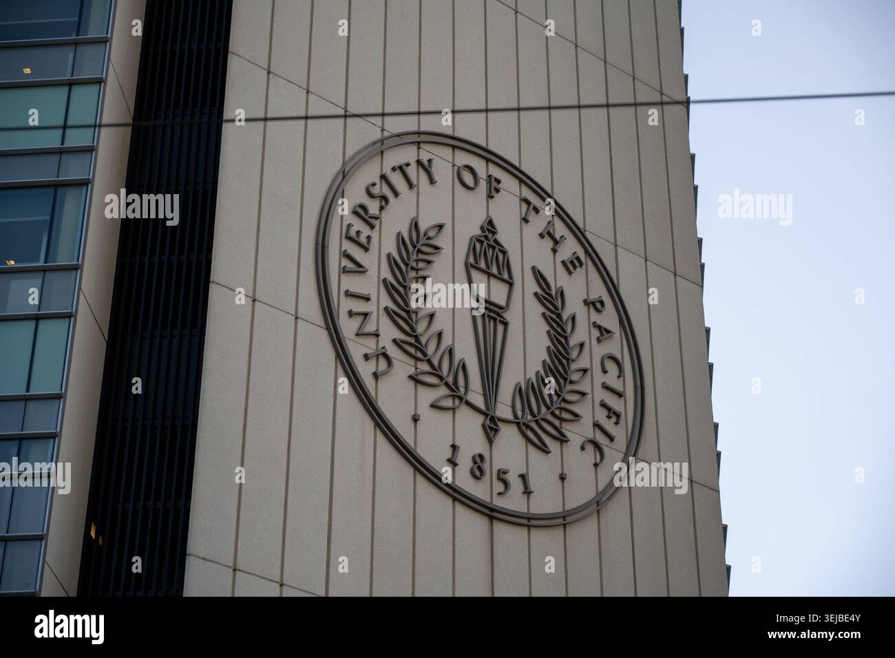 University of the Pacific emblem on exterior of modern building, San ...