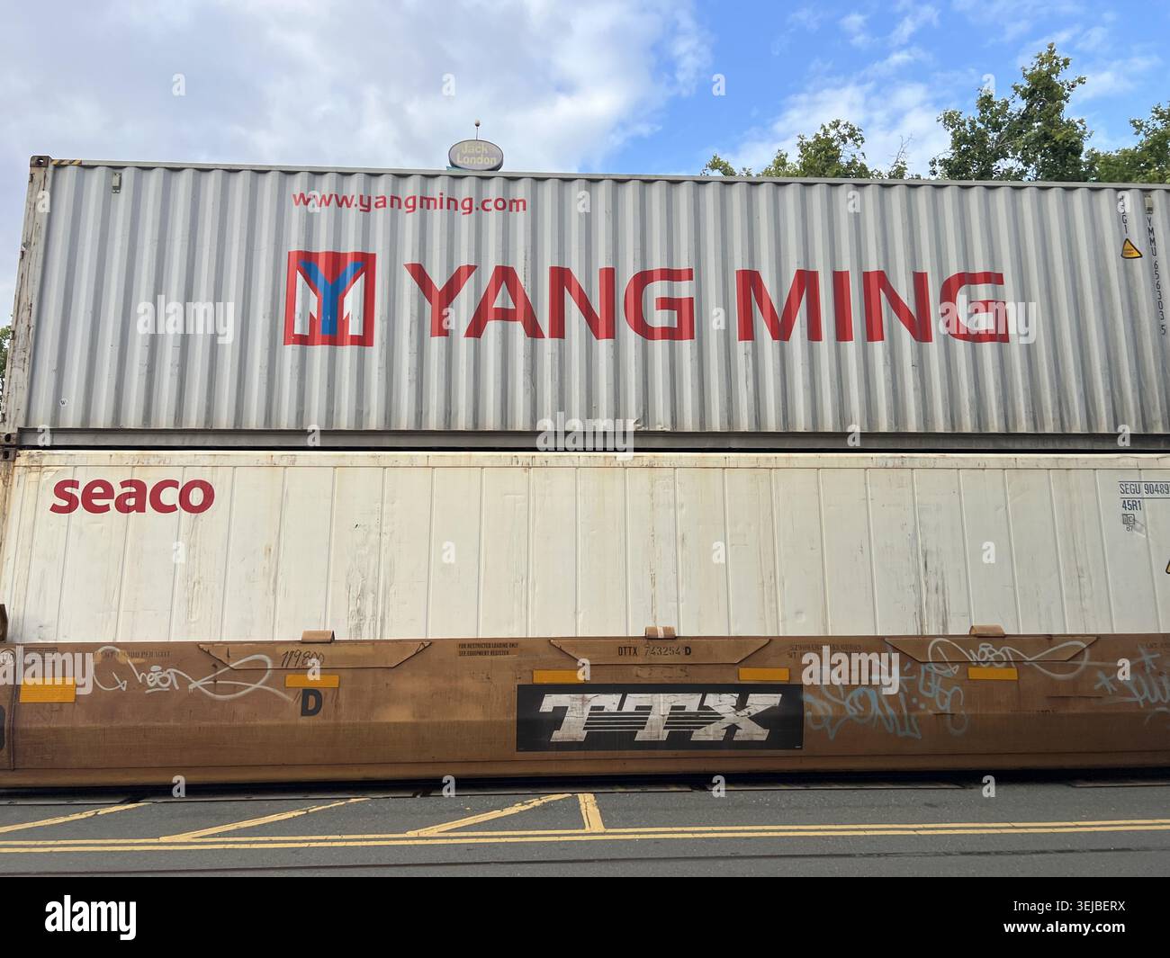 Close-up of logos for Yang Ming and Seaco on containers on a freight ...