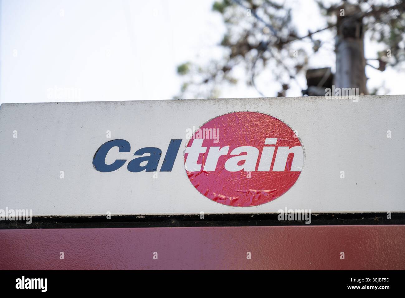 Close up of Caltrain logo on transit sign at commuter rail station, San ...