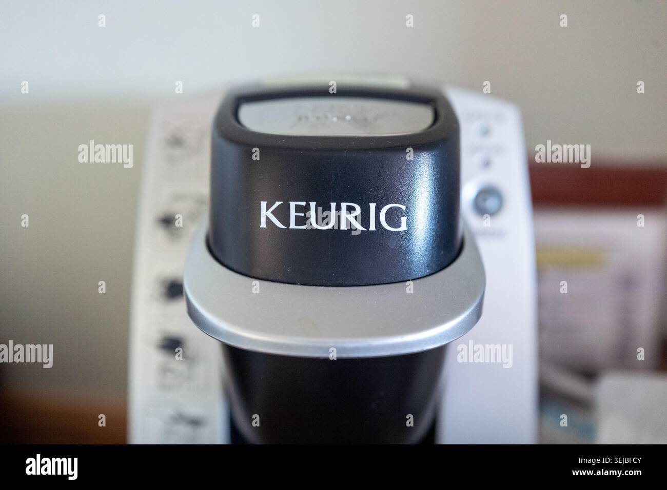 Close-up of logo on Keurig brand coffee maker, Mendocino, California ...