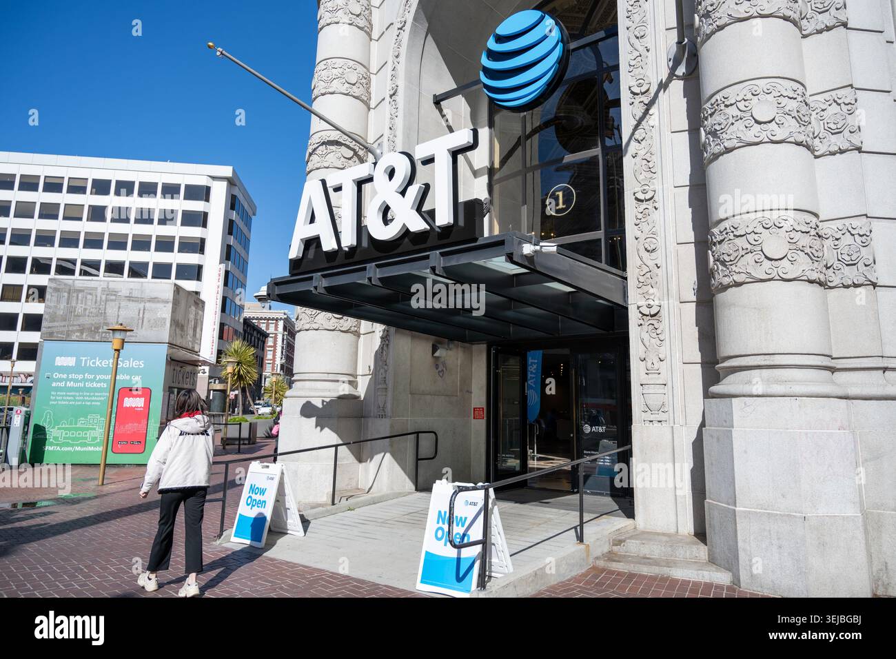 AT&T retail store entrance with Now Open signs and ornate architectural ...