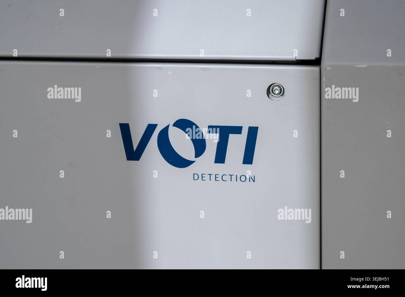 Close up of Voti Detection logo on security screening equipment, San ...