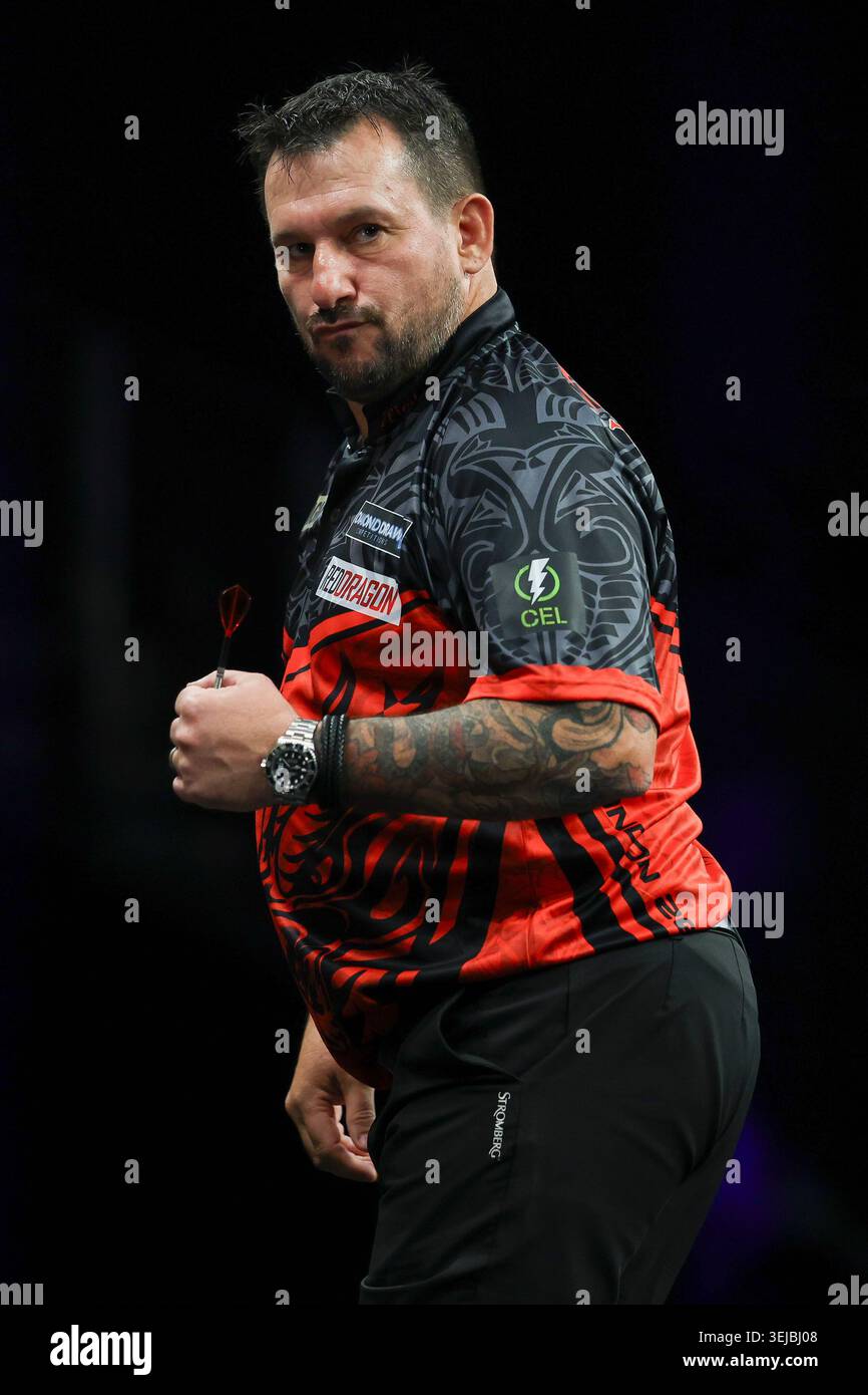 Jonny Clayton in his semi-final match against Luke Humphries during the ...