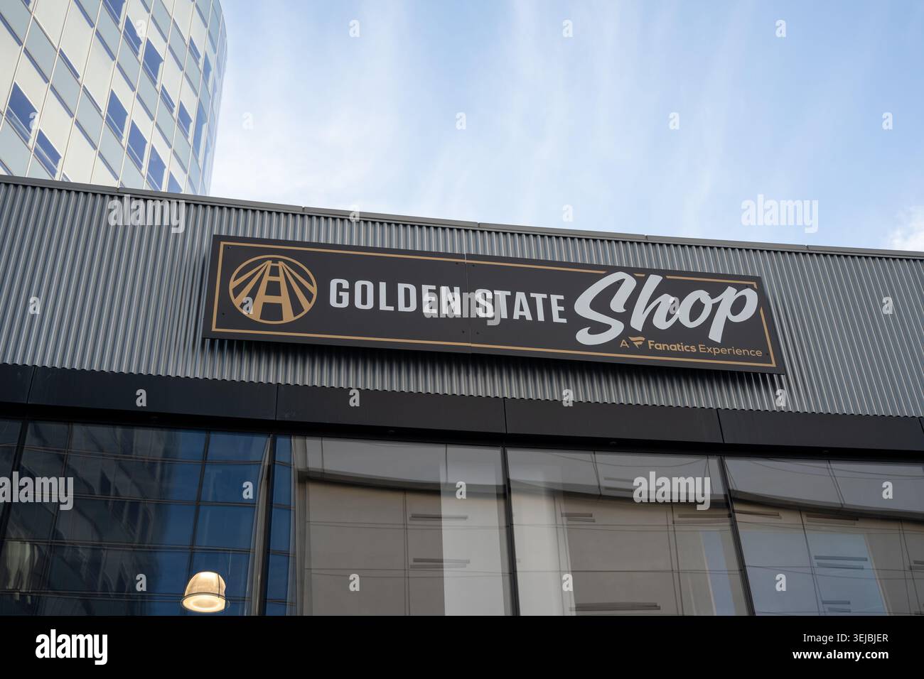 Golden State Shop sign on corrugated metal building exterior on a clear ...