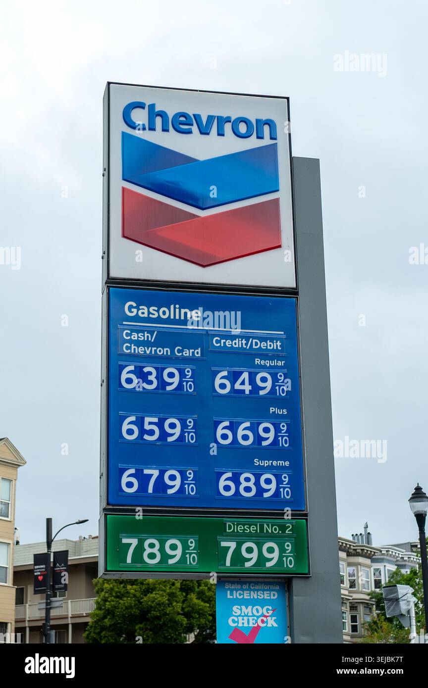 Chevron gas station sign showing high gas prices, San Francisco ...