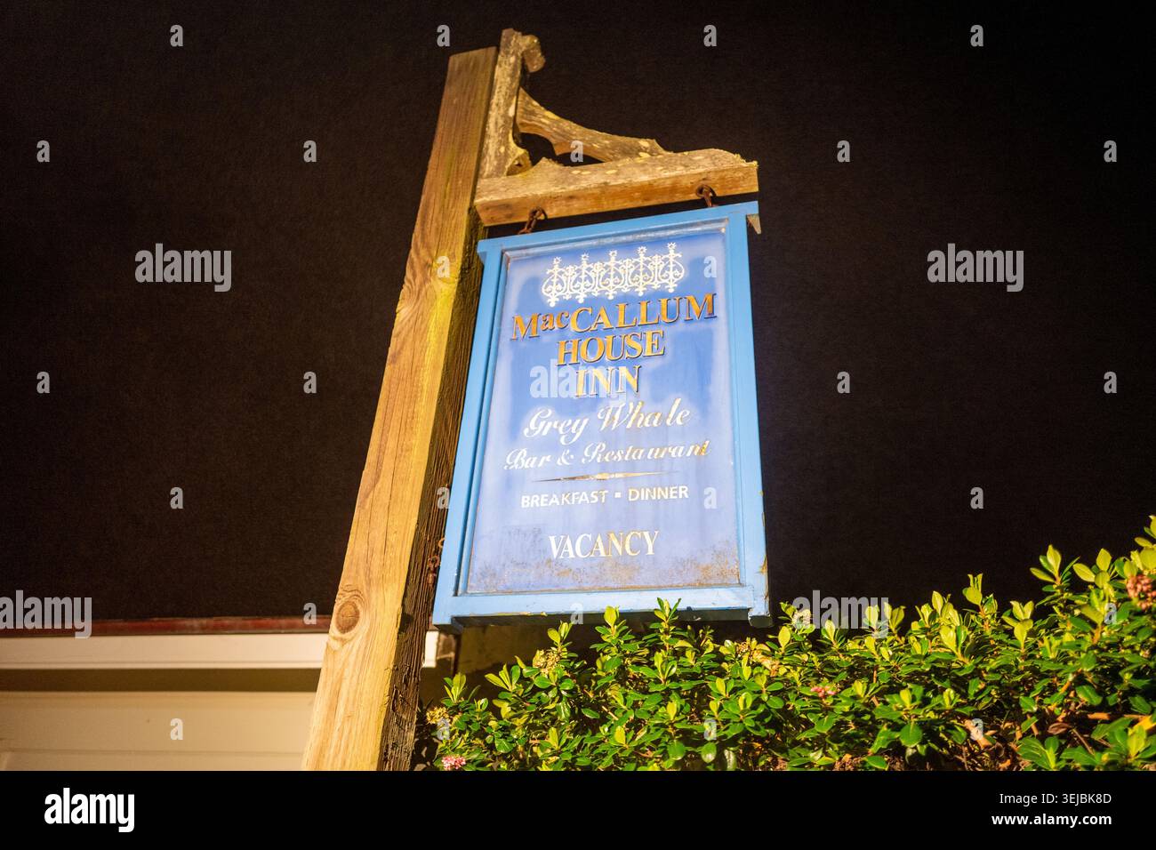 Night view of sign for MacCallum House inn in Mendocino, California ...