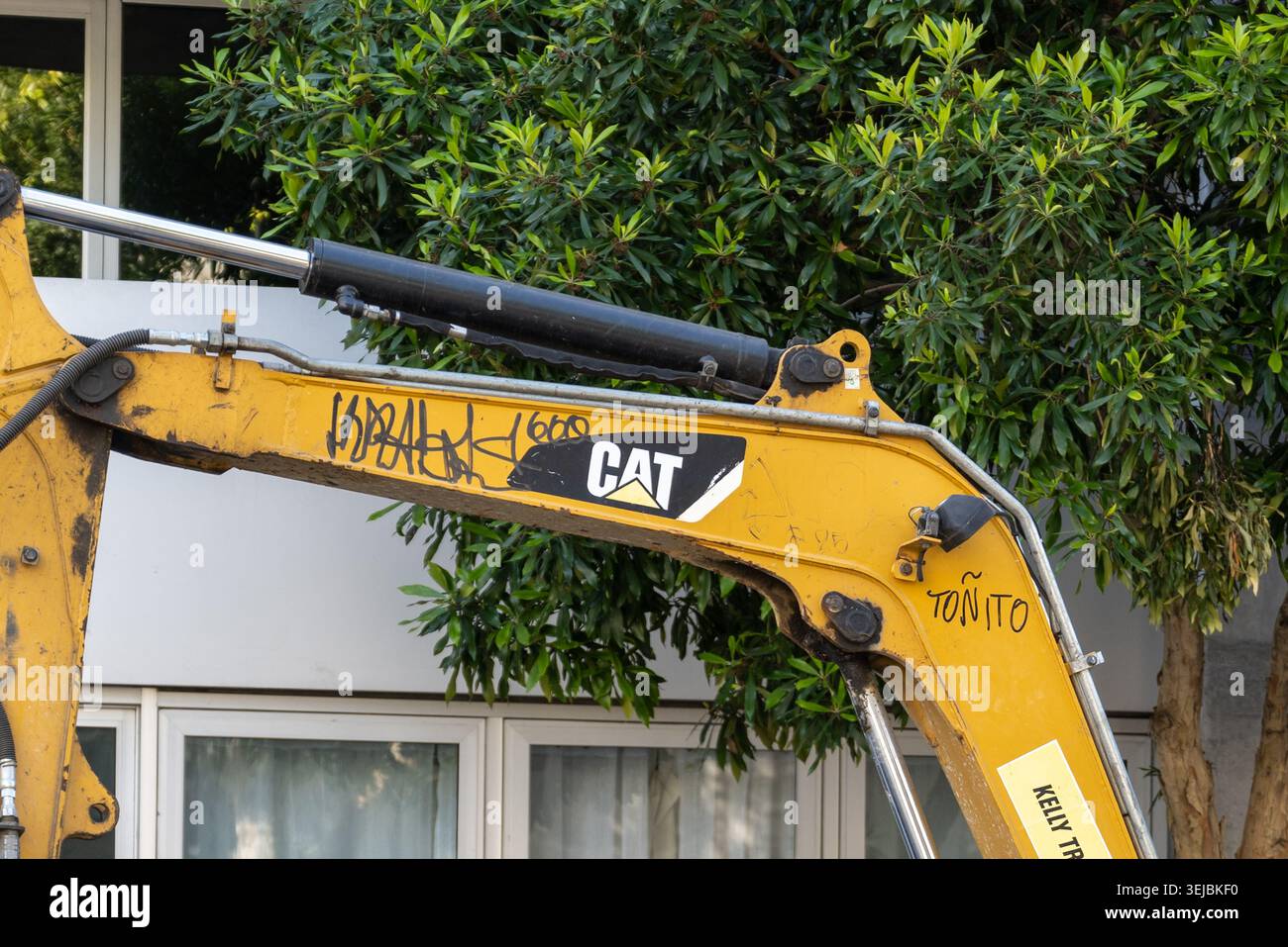 Close-up of CAT excavator arm with graffiti in front of leafy trees and ...