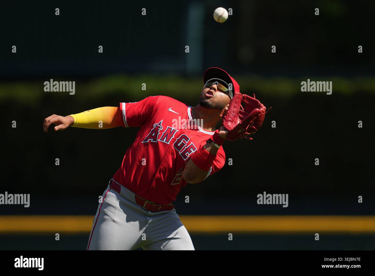 Los Angeles Angels second baseman Oswald Peraza catches a Detroit ...