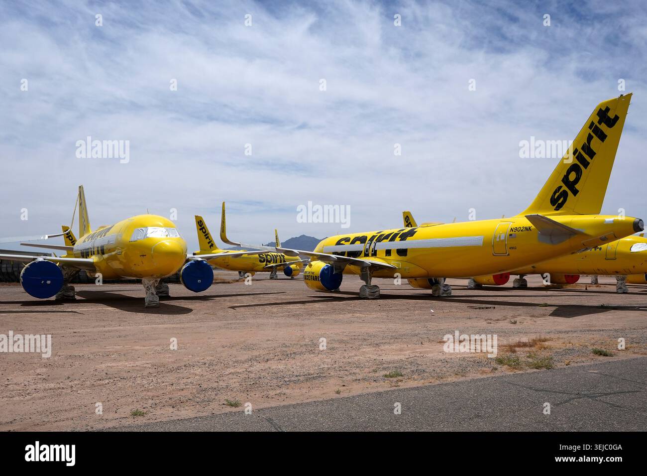 Mothballed Spirit Airlines passenger planes sit parked at Goodyear ...