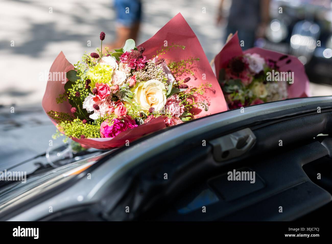 28th May 2026; St Tropez, France: Bouquete of flowers on a car during ...