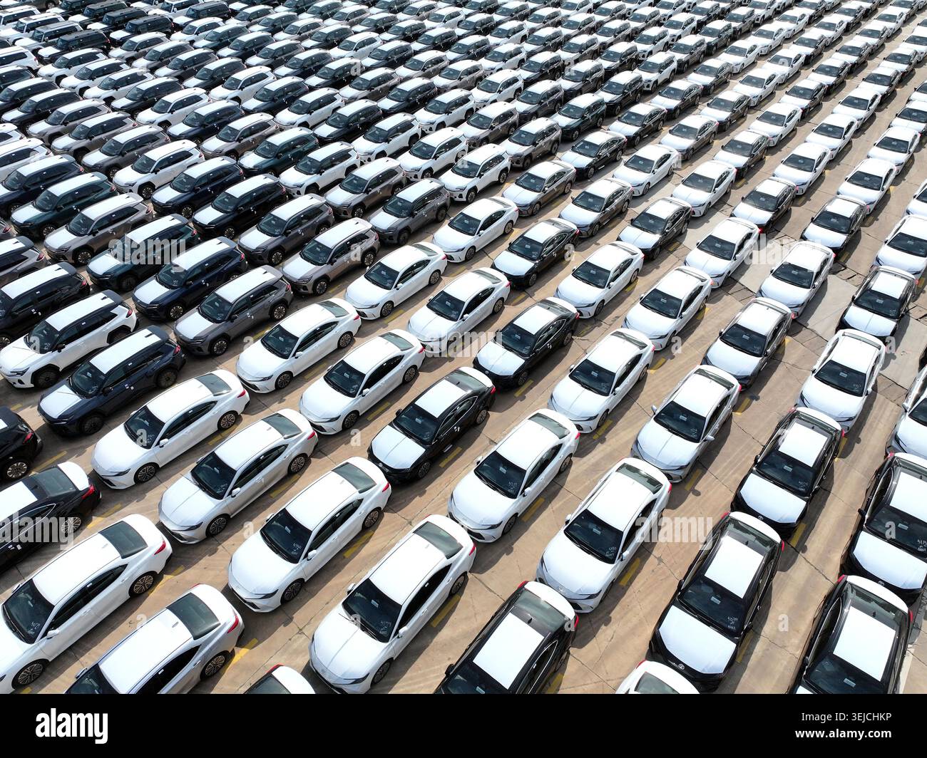 Cars for export gather at the dock of Dongfang Port Operation Company ...