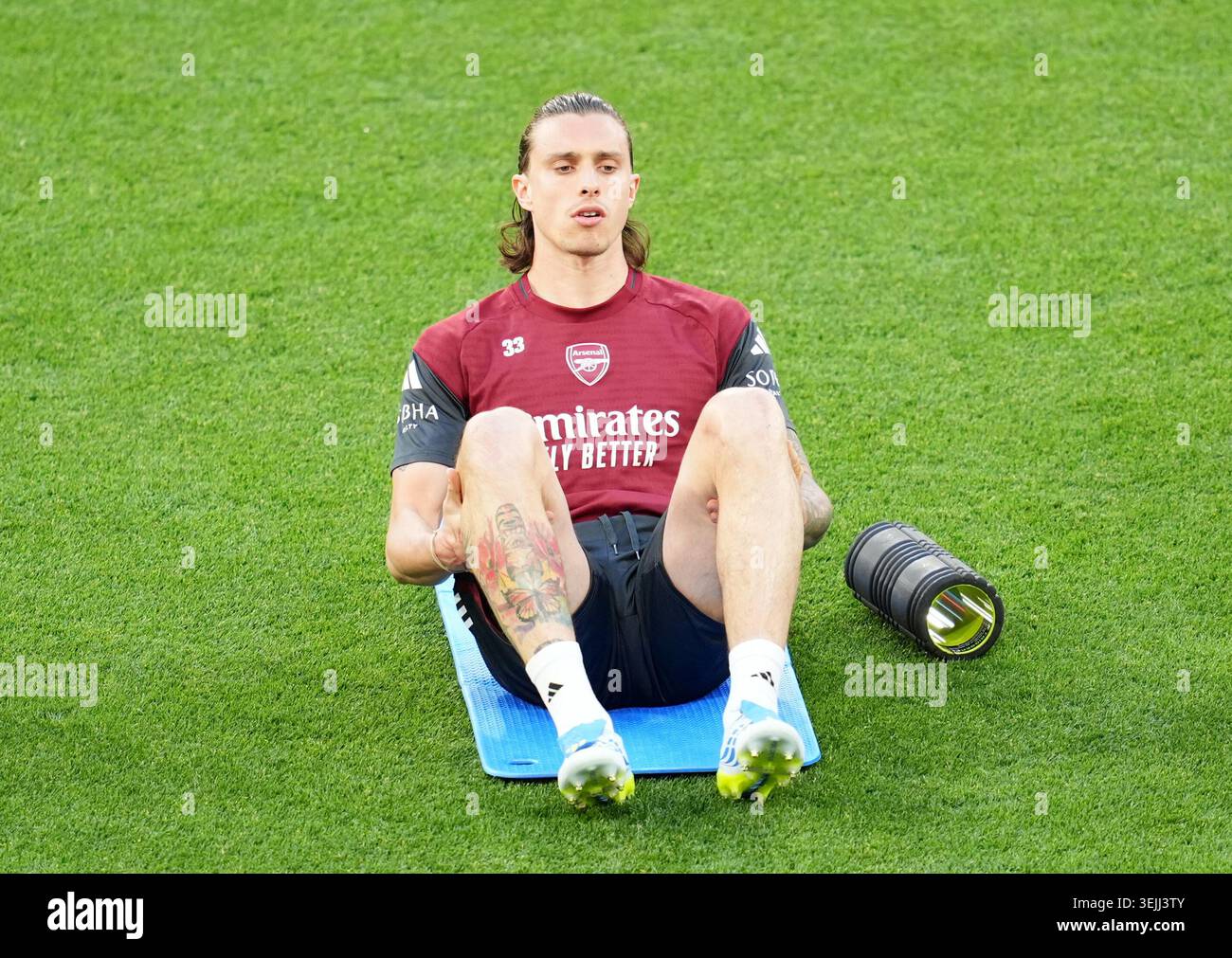 Arsenal's Riccardo Calafiori during a training session at the Puskas ...