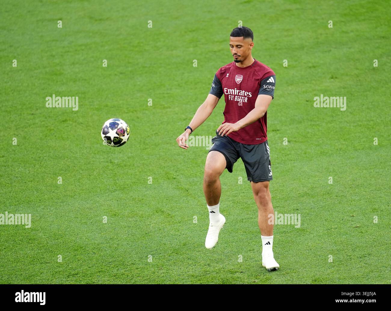 Arsenal's William Saliba during a training session at the Puskas Arena ...