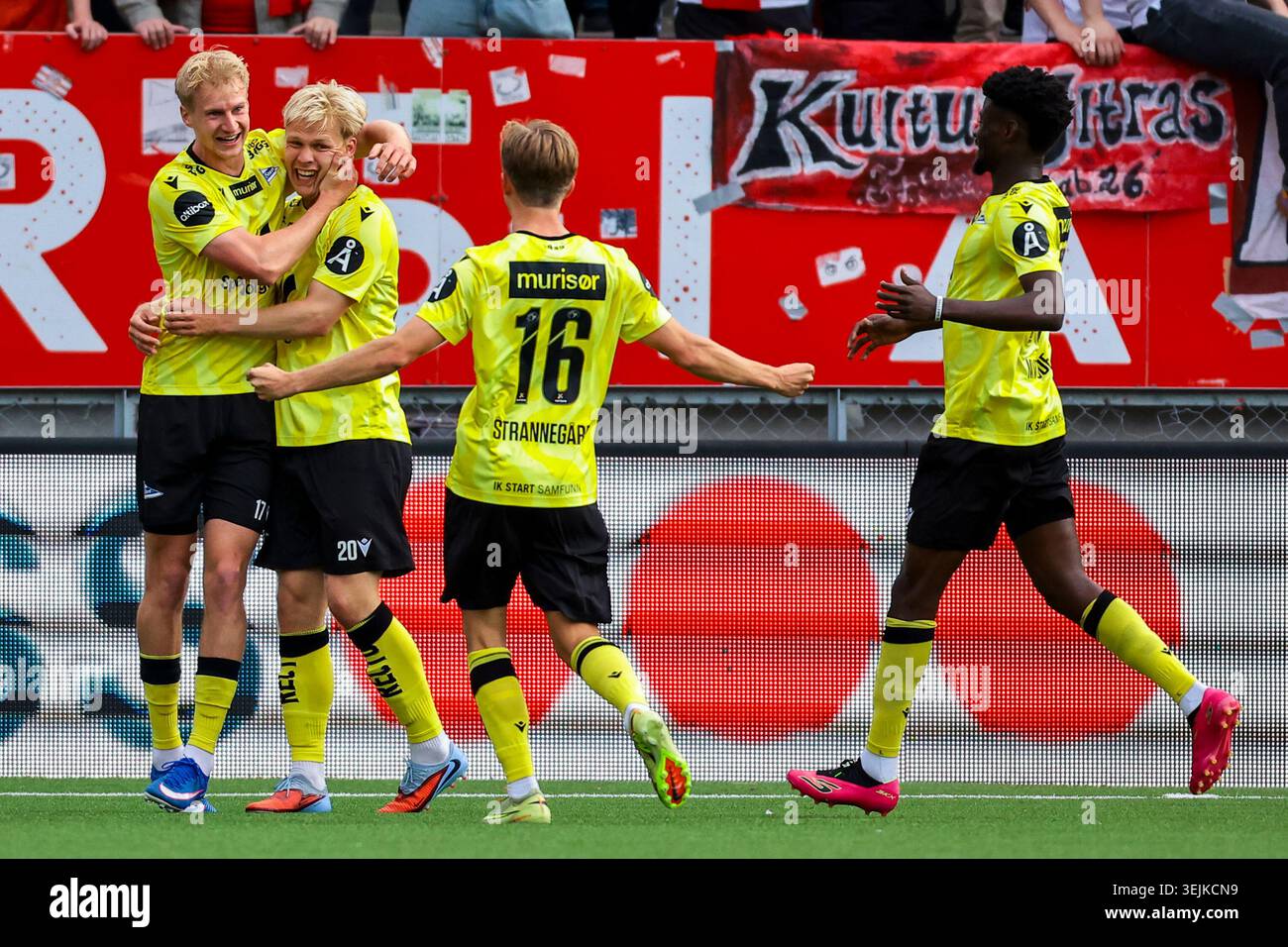 Fredrikstad 20260529. Start's Jesper Cornelius celebrates his 1-0 goal ...