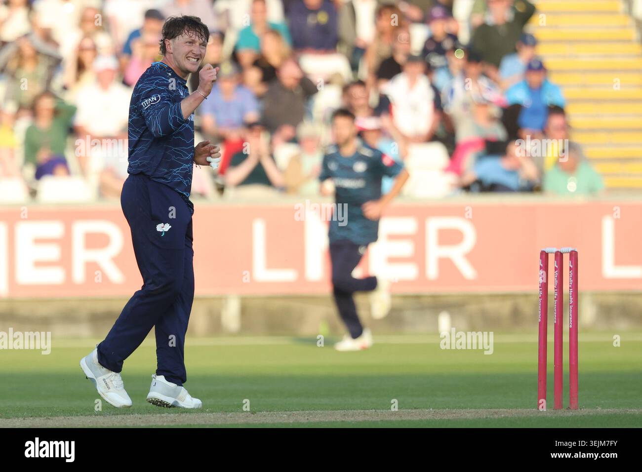 Dom Bess of Yorkshire celebrates the wicket of Will Rhodes of Durham ...