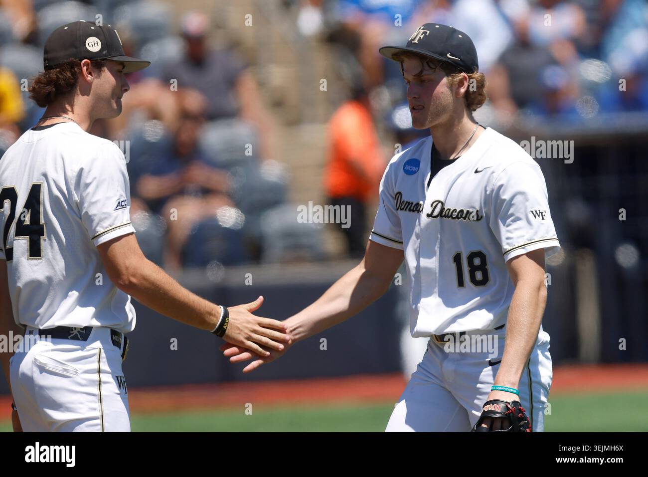 Wake Forest pitcher Chris Levonas (18) is congratulated by pitcher ...