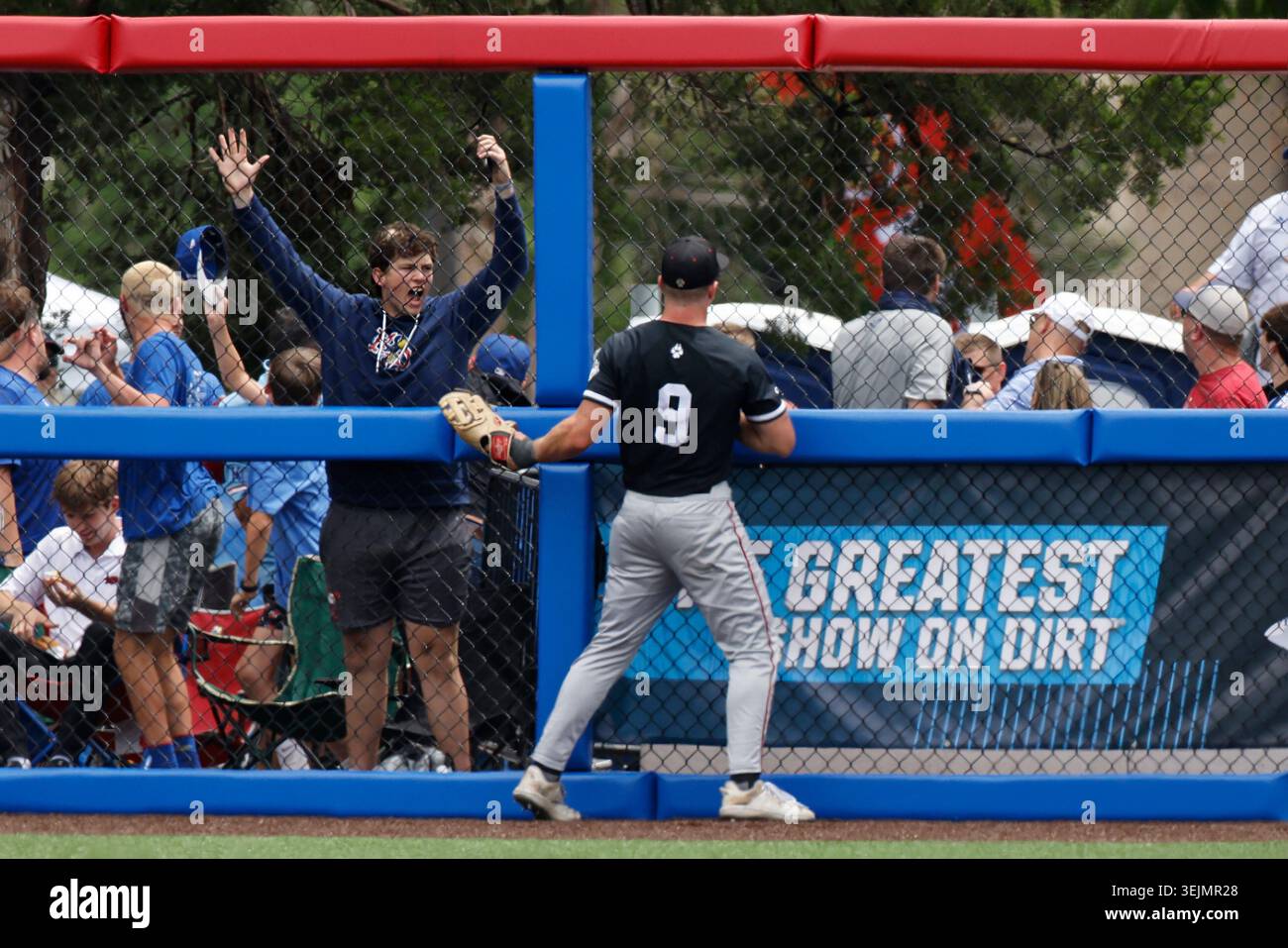 A fan reacts toward Northeastern left fielder Harrison Feinberg (9 ...