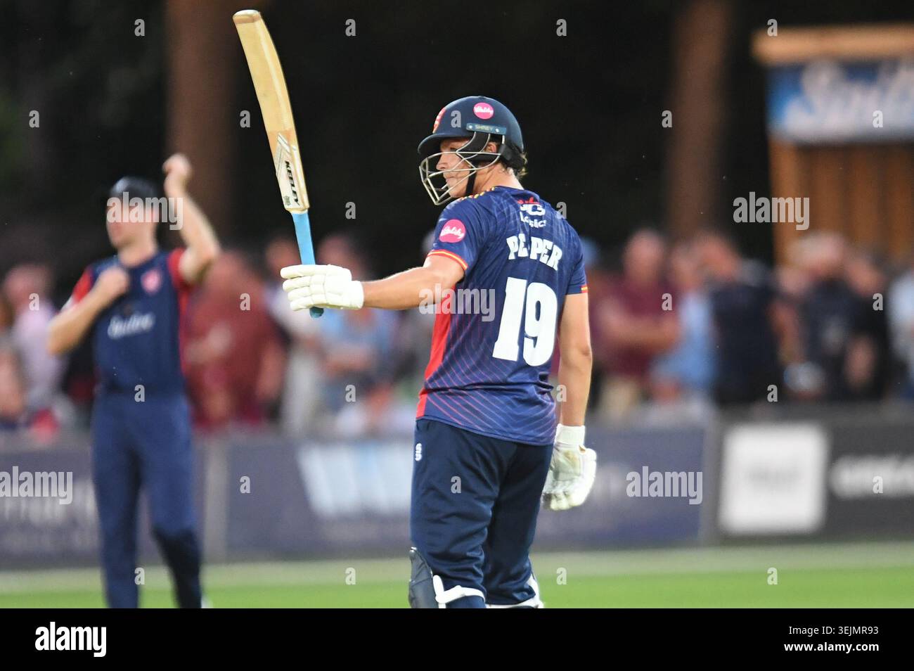 Canterbury, England. 29th May 2026. Michael Pepper raises his bat after ...