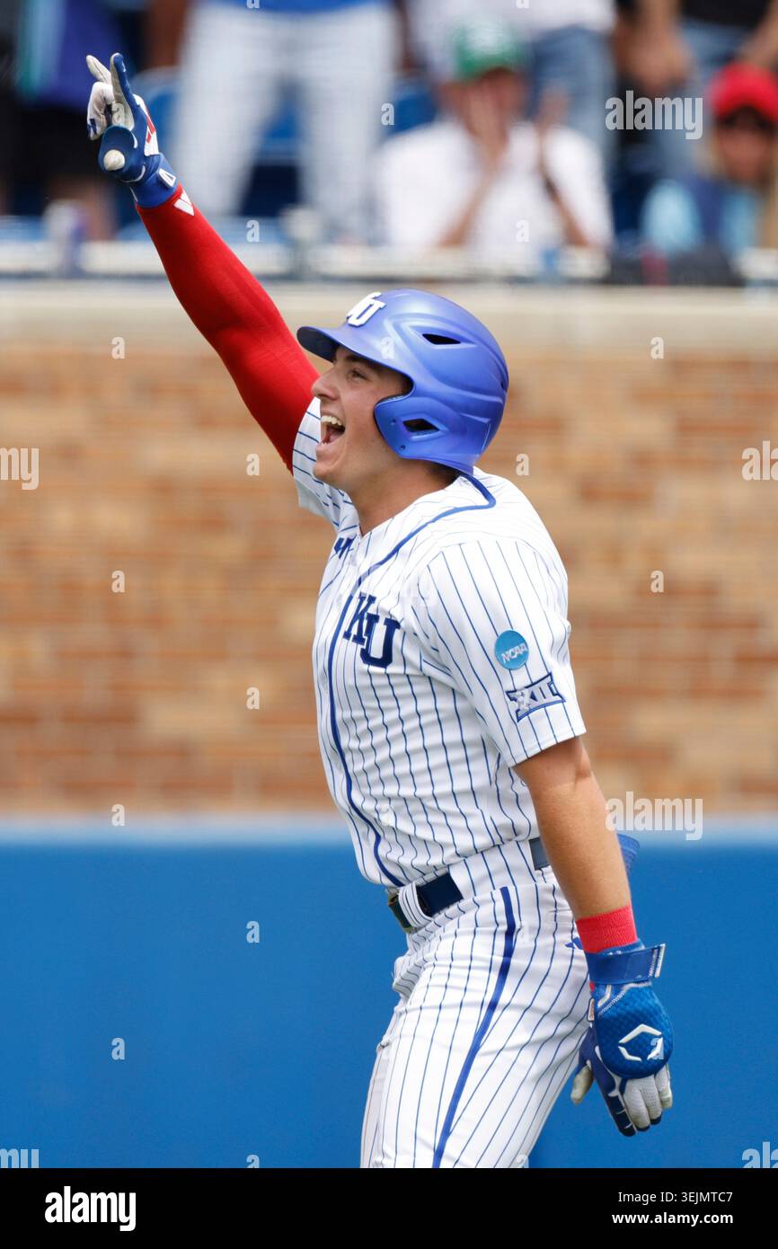 Kansas' Tyson LeBlanc celebrates after hitting a home run during the ...