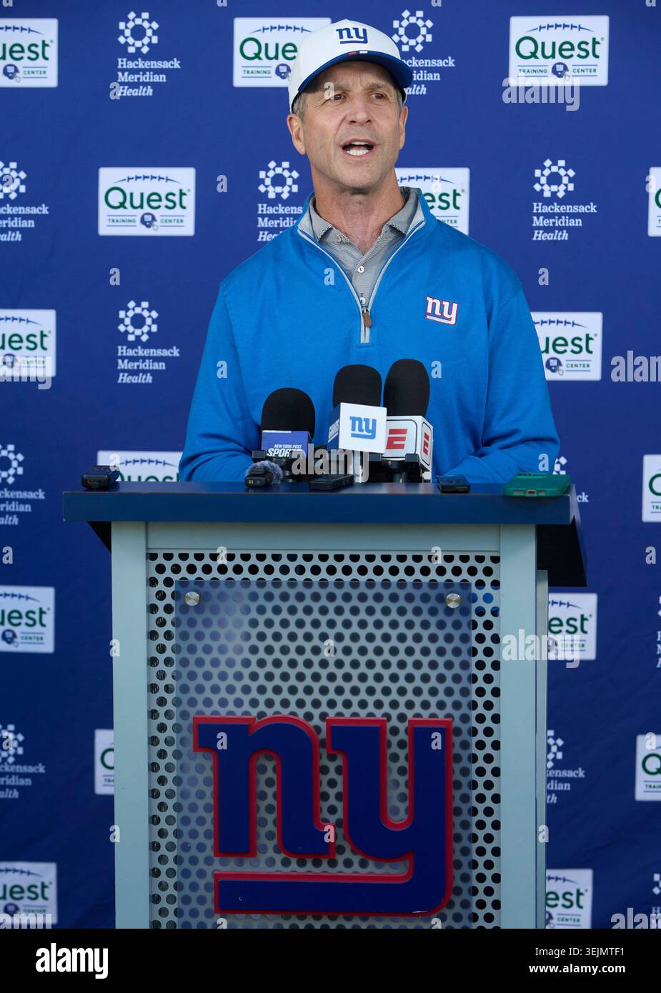 New York Giants head coach John Harbaugh address media during organized ...