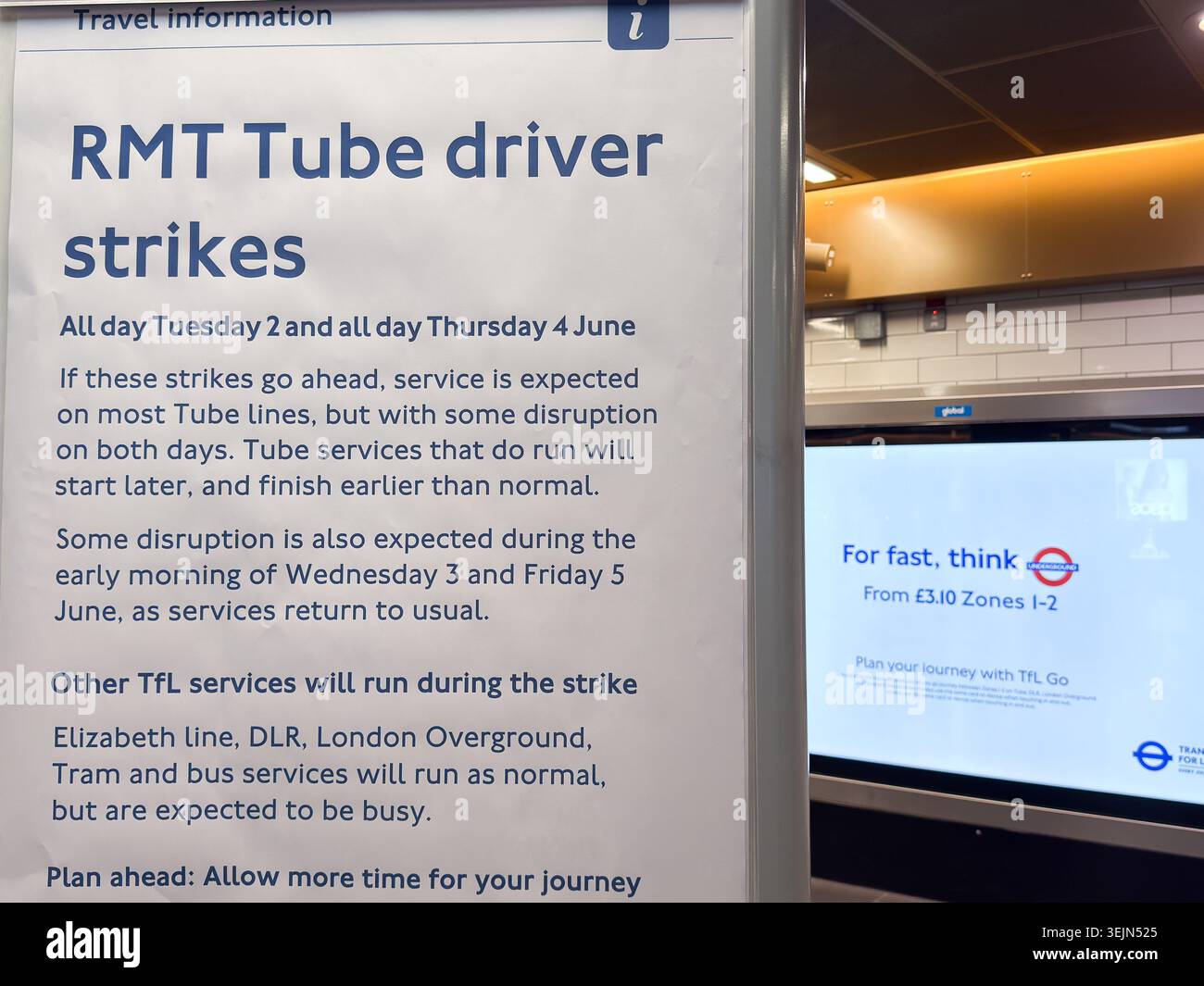 London UK, 29th May 2026. TFL noticed board advises passengers of ...