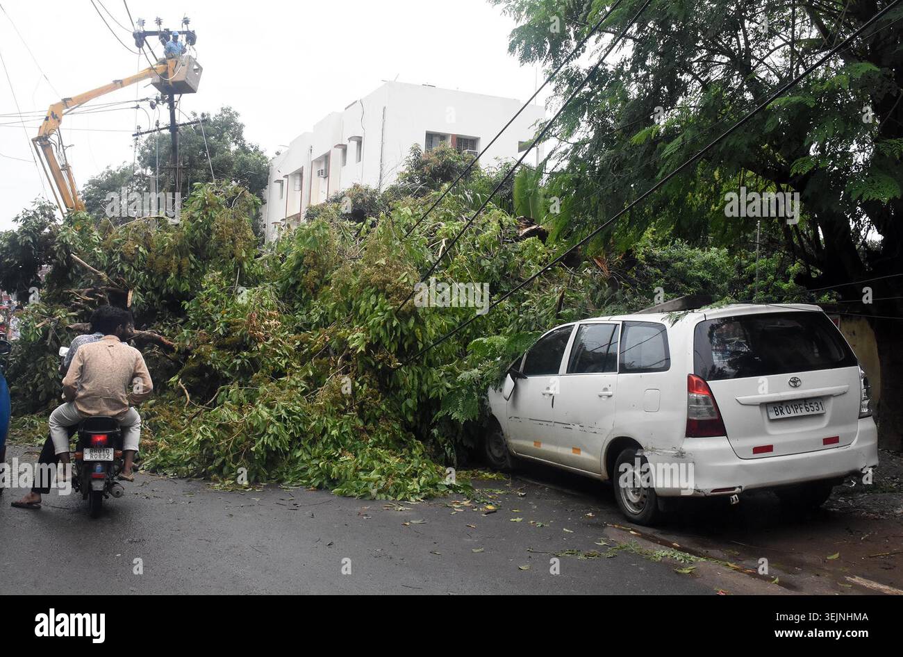 PATNA, INDIA - MAY 29: A tree lies on a car after heavy wind and rain ...