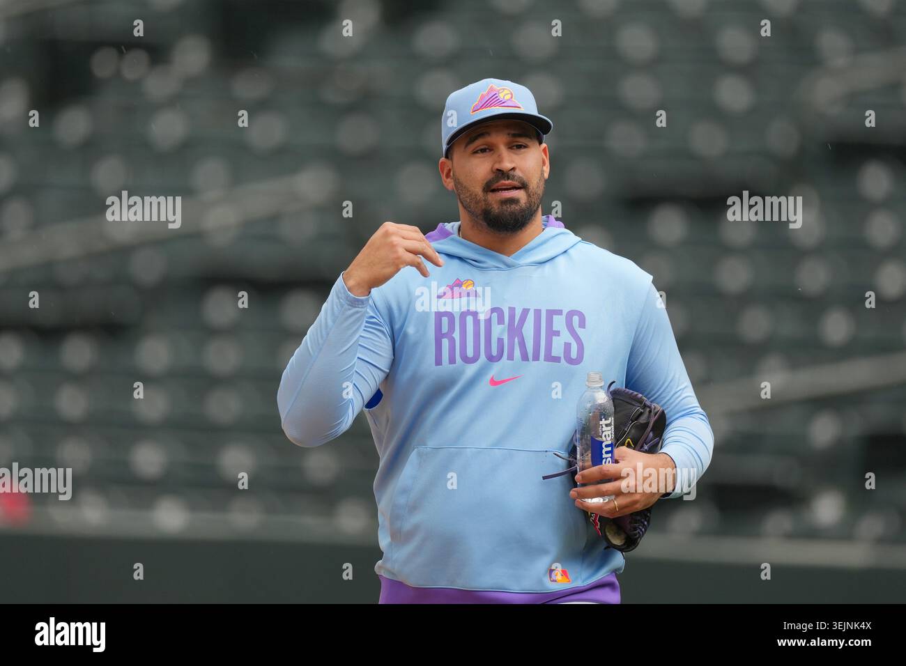Colorado Rockies relief pitcher Antonio Senzatela warms up before a ...
