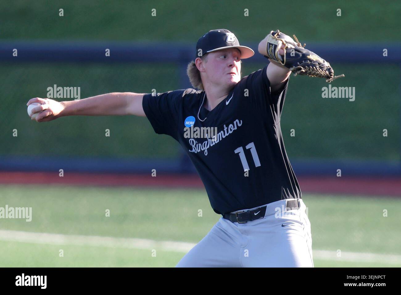 Binghamton pitcher Jackson Mitchell (11) throws to a West Virginia ...