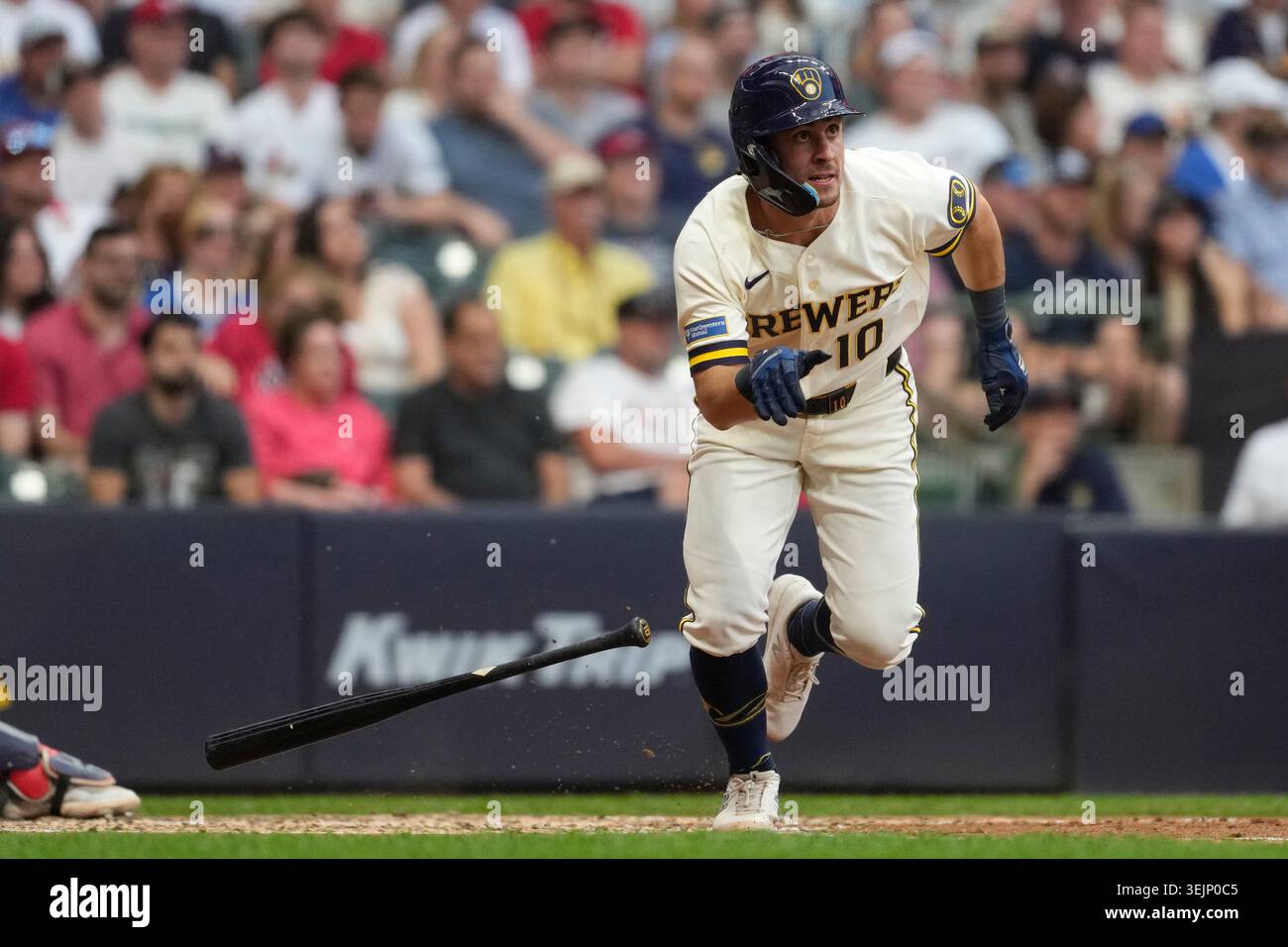 Milwaukee Brewers' Sal Frelick runs to first base during a baseball ...