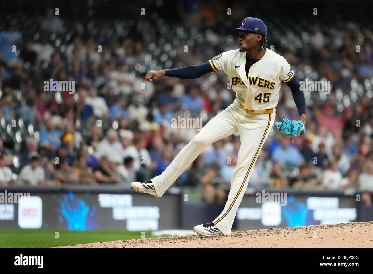 Milwaukee Brewers' Abner Uribe pitches during a baseball game against ...
