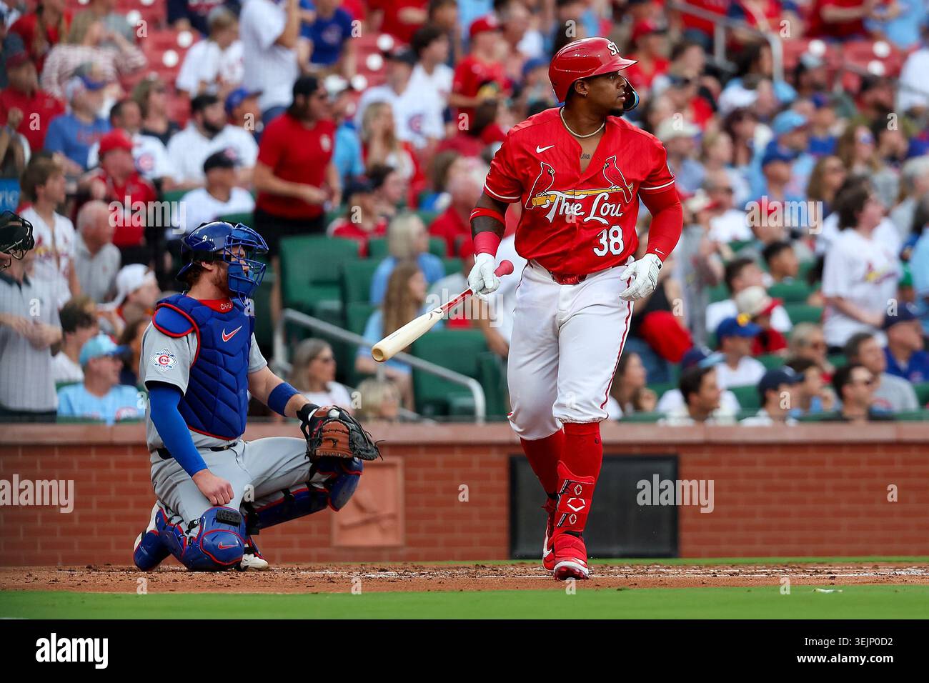 St. Louis Cardinals' Nelson Velázquez, right, watches his three-run ...