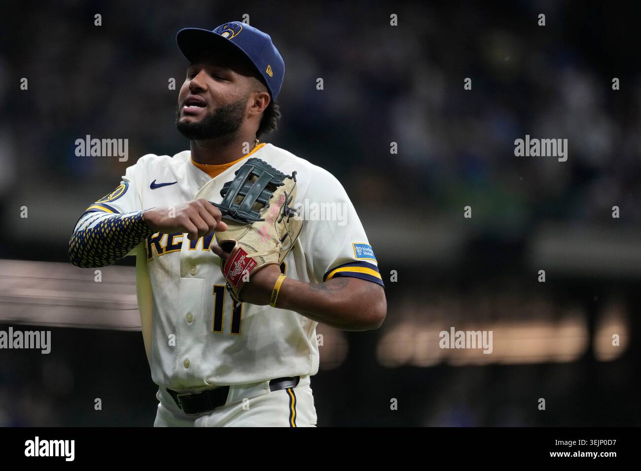 Milwaukee Brewers' Jackson Chourio looks on during a baseball game ...