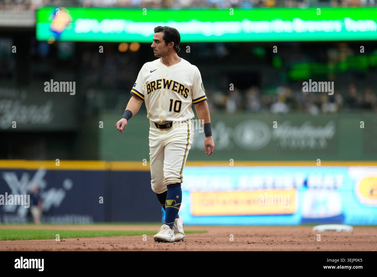 Milwaukee Brewers' Sal Frelick looks on during a baseball game against ...