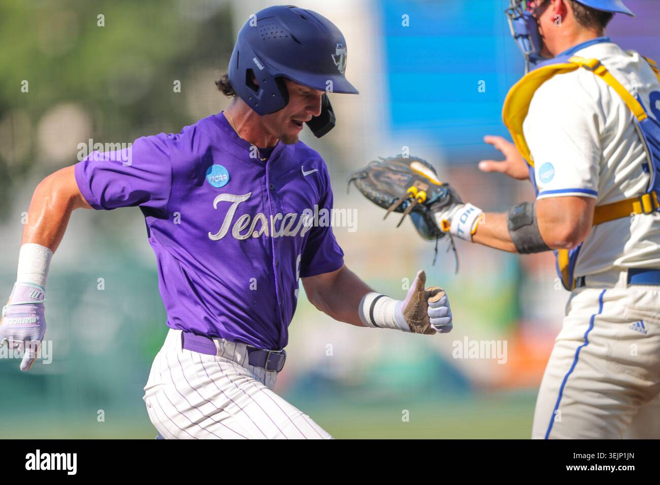 Tarleton State designated hitter Jake Tatom (5) scores past UC Santa ...