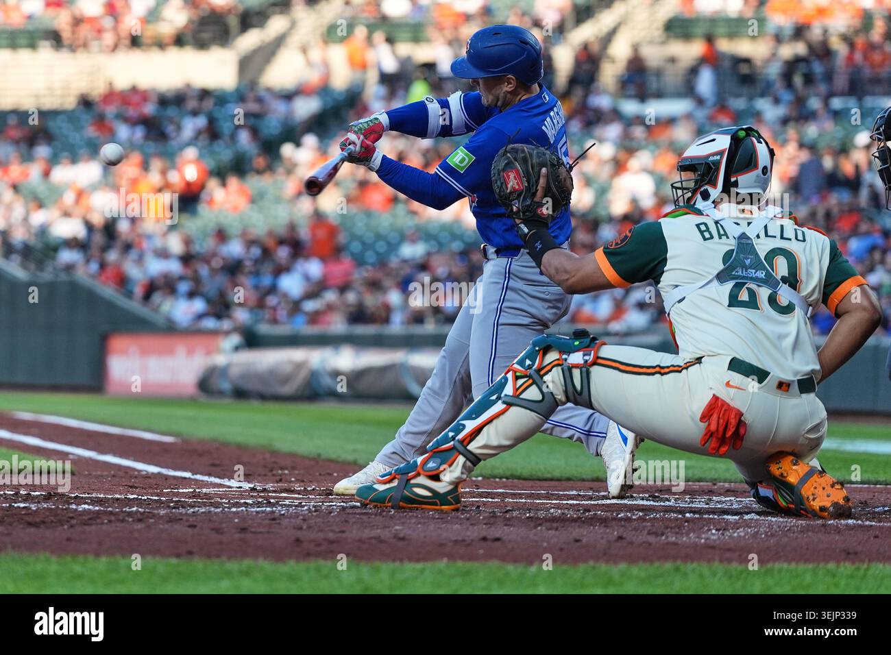 Toronto Blue Jays' Daulton Varsho hits a triple during the second ...