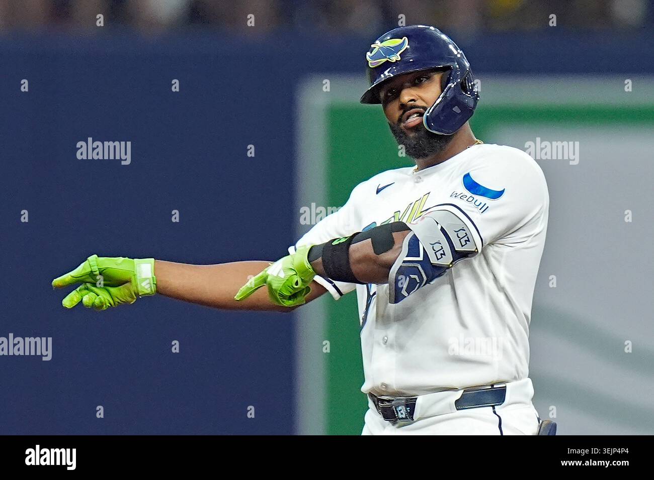 Tampa Bay Rays' Junior Caminero reacts after his double off Los Angeles ...