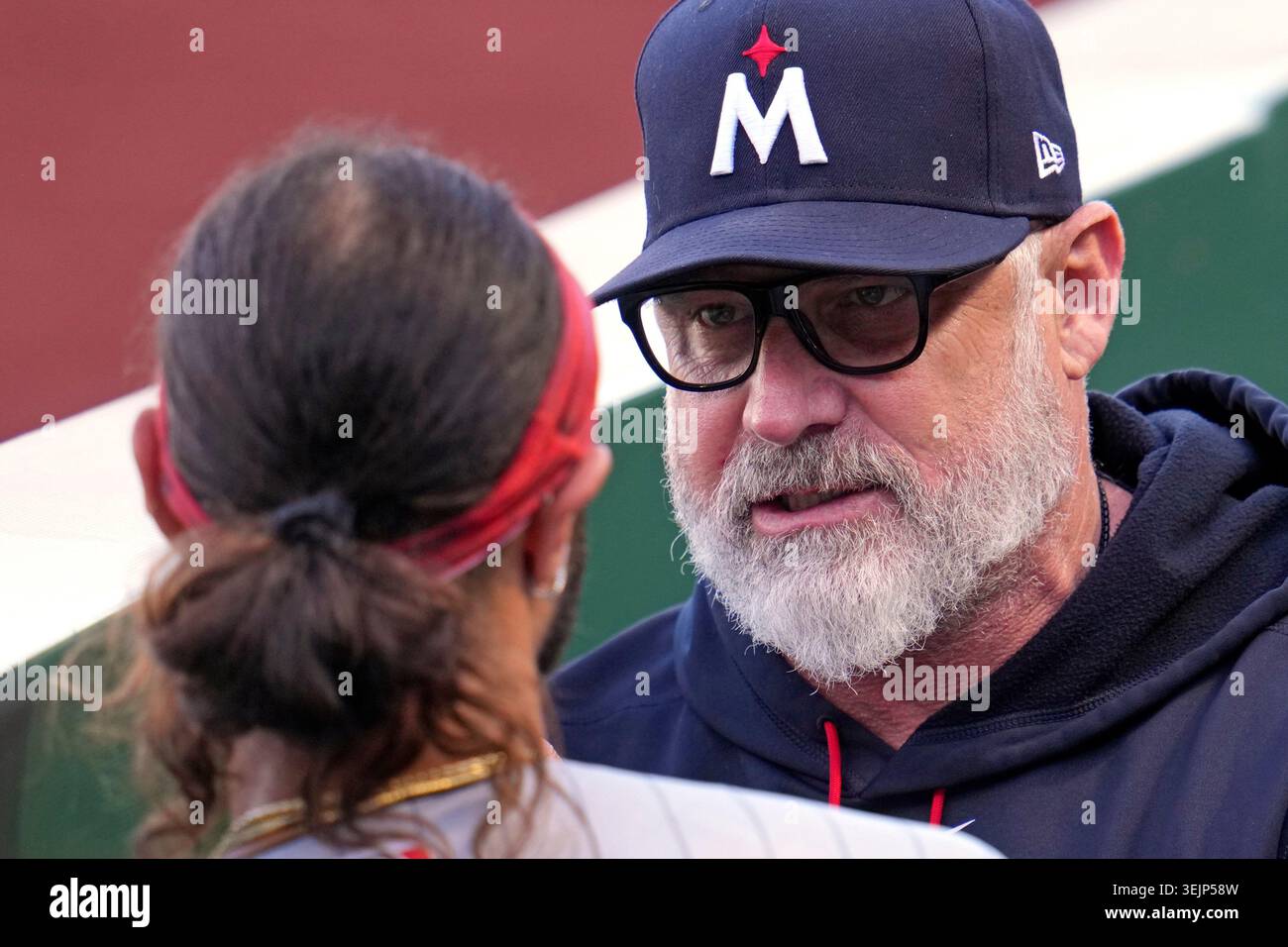 Minnesota Twins manager Derek Shelton talks with Austin Martin (16) in ...
