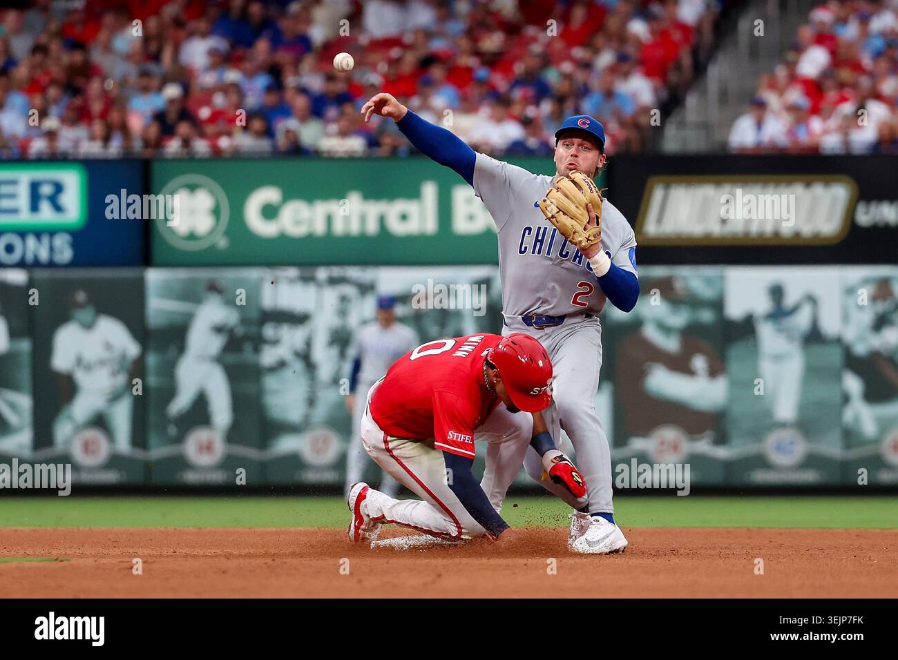 Chicago Cubs' Nico Hoerner turns a double play over St. Louis Cardinals ...