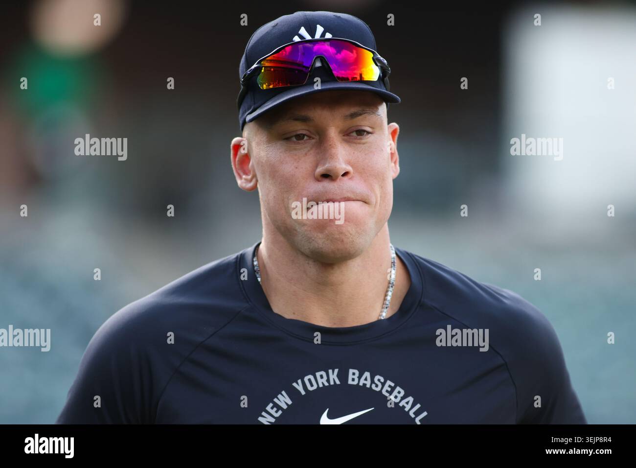 New York Yankees' Aaron Judge looks on before a baseball game against ...