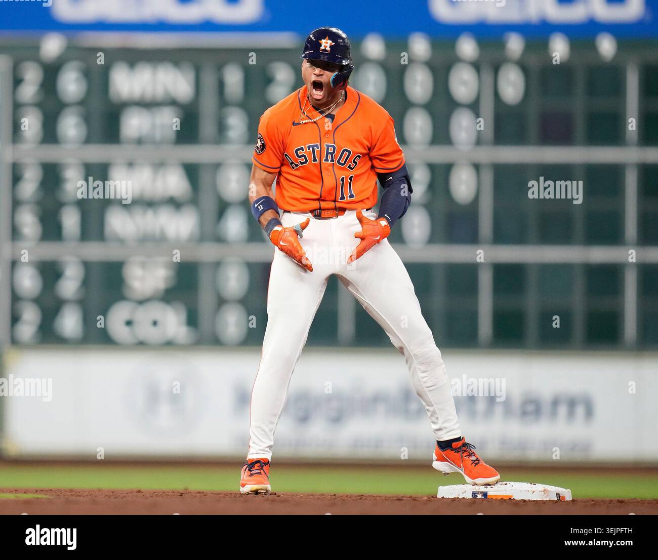 Houston Astros' Cam Smith reacts on second base after hitting an RBI ...