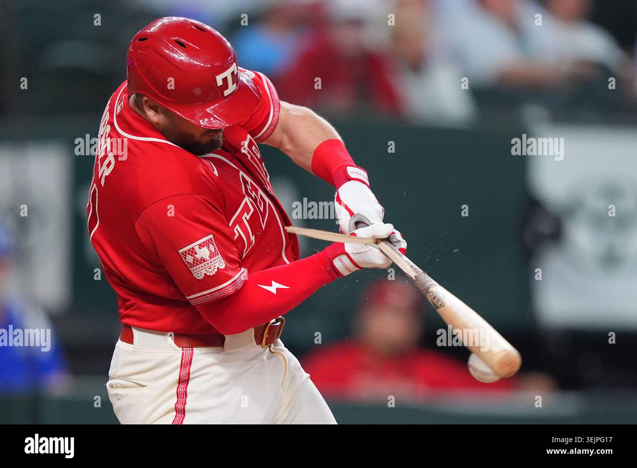 Texas Rangers' Jake Burger breaks his bat while grounding out during ...