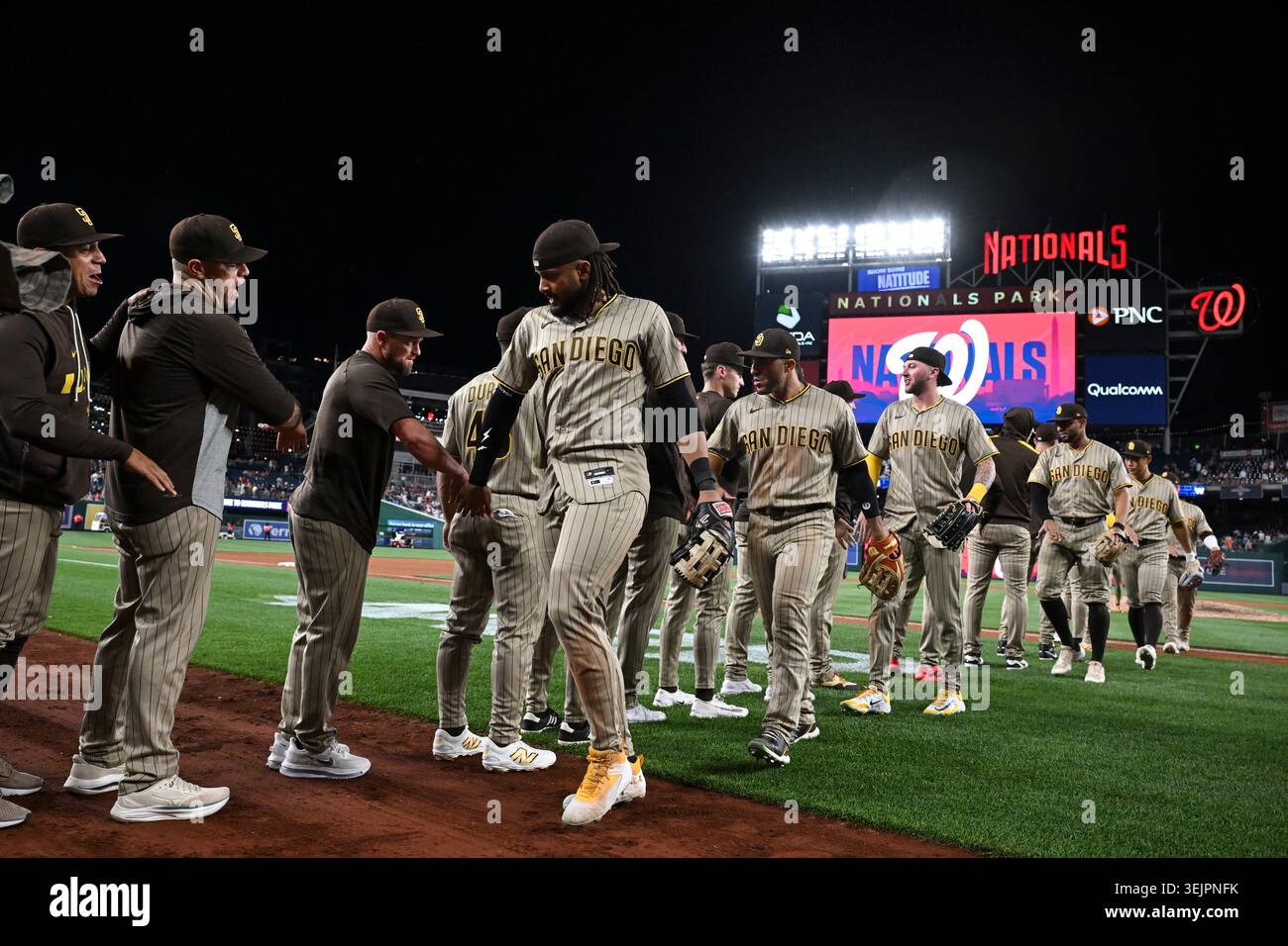 San Diego Padres players greet each other after defeating the ...