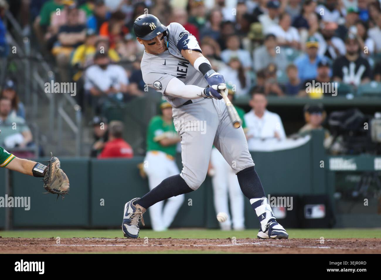 New York Yankees' Aaron Judge hits an RBI as he grounds out during the ...