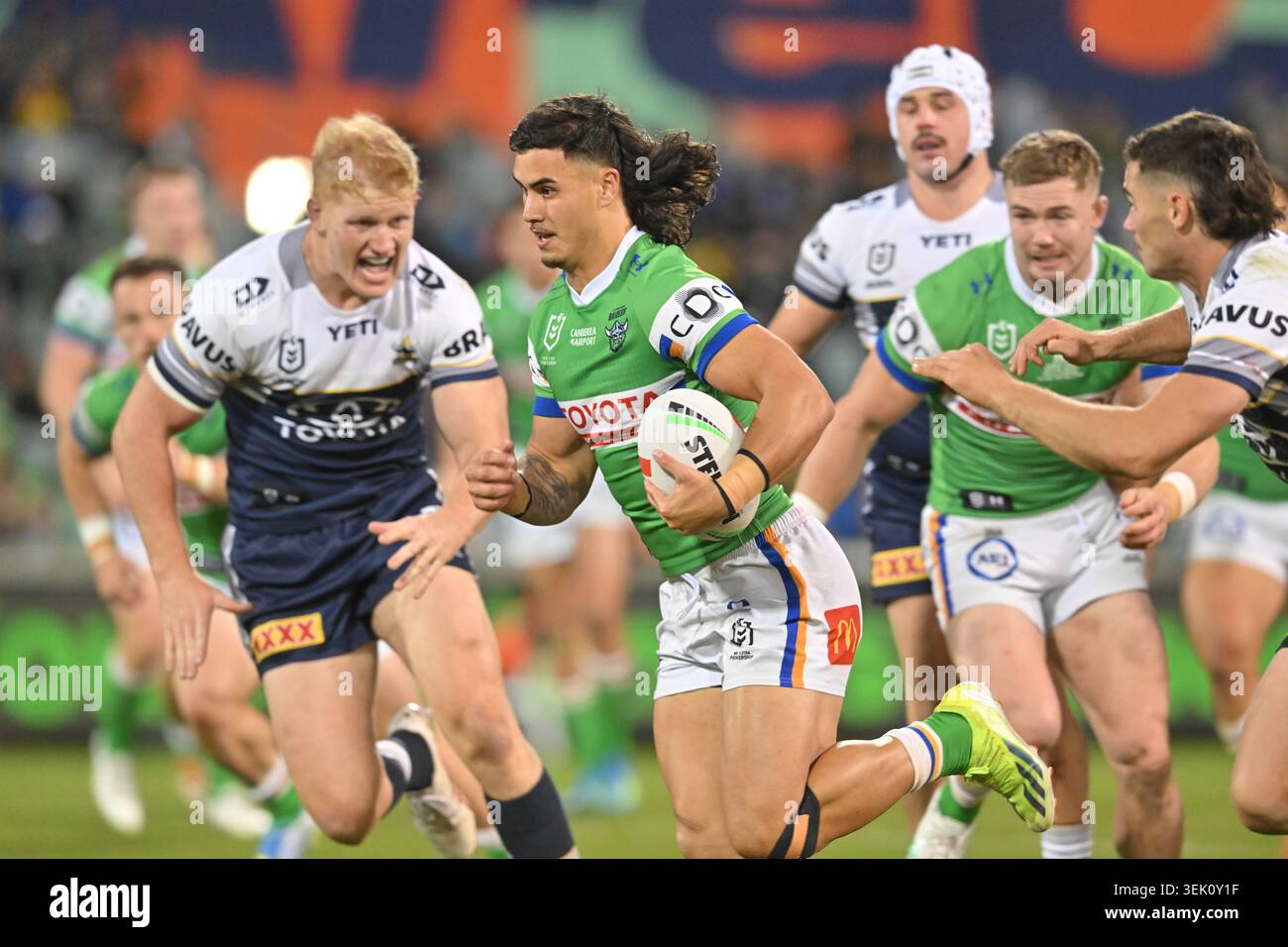 Raiders Kaeo Weekes in action during the NRL Round 13 match between the ...