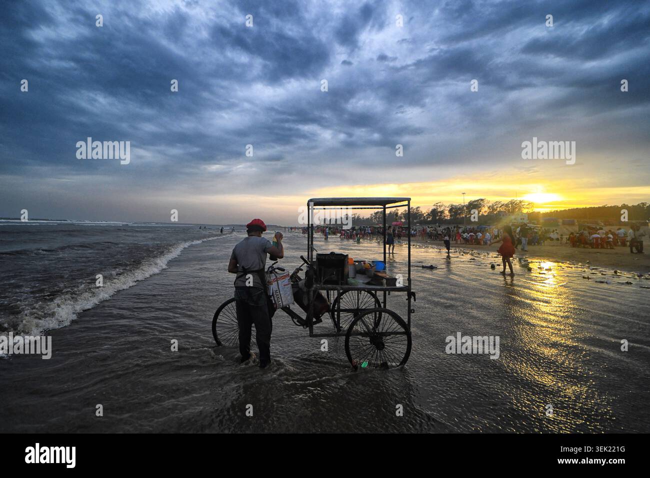 A temporary food stall at sunset seen at a sea beach in Digha. Digha ...