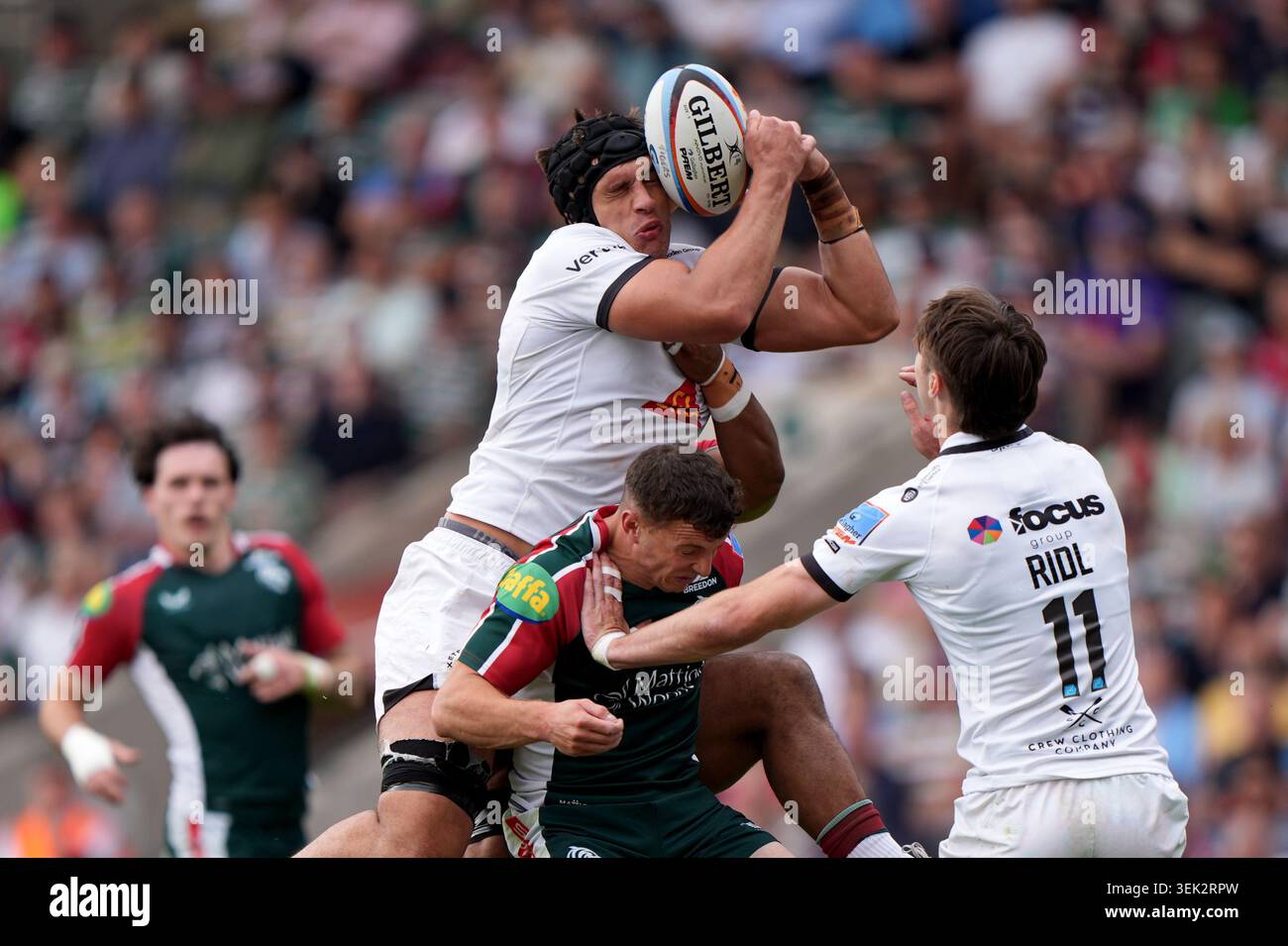 Exeter's Dafydd Jenkins claims the ball during the Gallagher PREM match ...